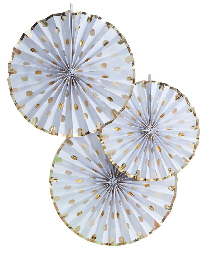Vifter med store guld polka prikker - flot pynt til festlokalet