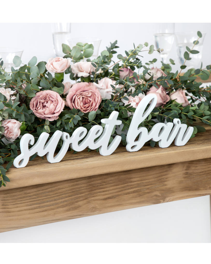 Hvid Sweet Bar træ skilt | Candy bar og dessertbord skilt
