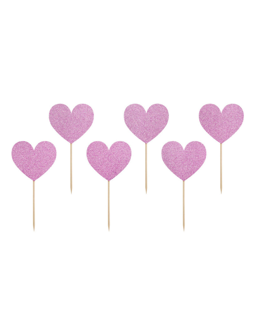 Lyserøde glitter hjerte cupcake toppers | Romantisk kagepynt