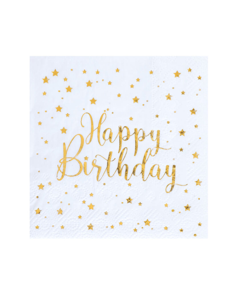 Små fødselsdagsservietter med guld og stjerner | 12,5 x 12,5 cm.